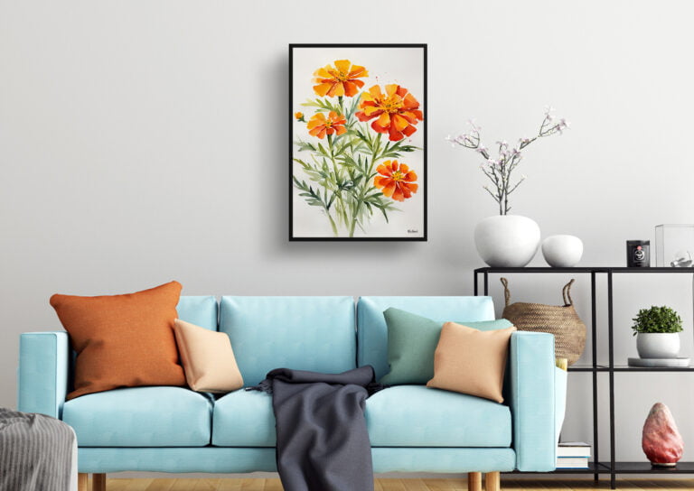 African Marigold Watercolour Botanical Art Print - Tagetes Cinnabar ...