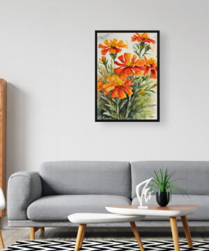 African Marigold Watercolour Botanical Art Print - Tagetes Cinnabar ...