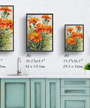 African Marigold Watercolour Botanical Art Print - Tagetes Cinnabar ...
