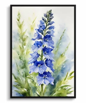 Delphinium Watercolour Botanical Art Print - Larkspur Framed Plant Wall Art