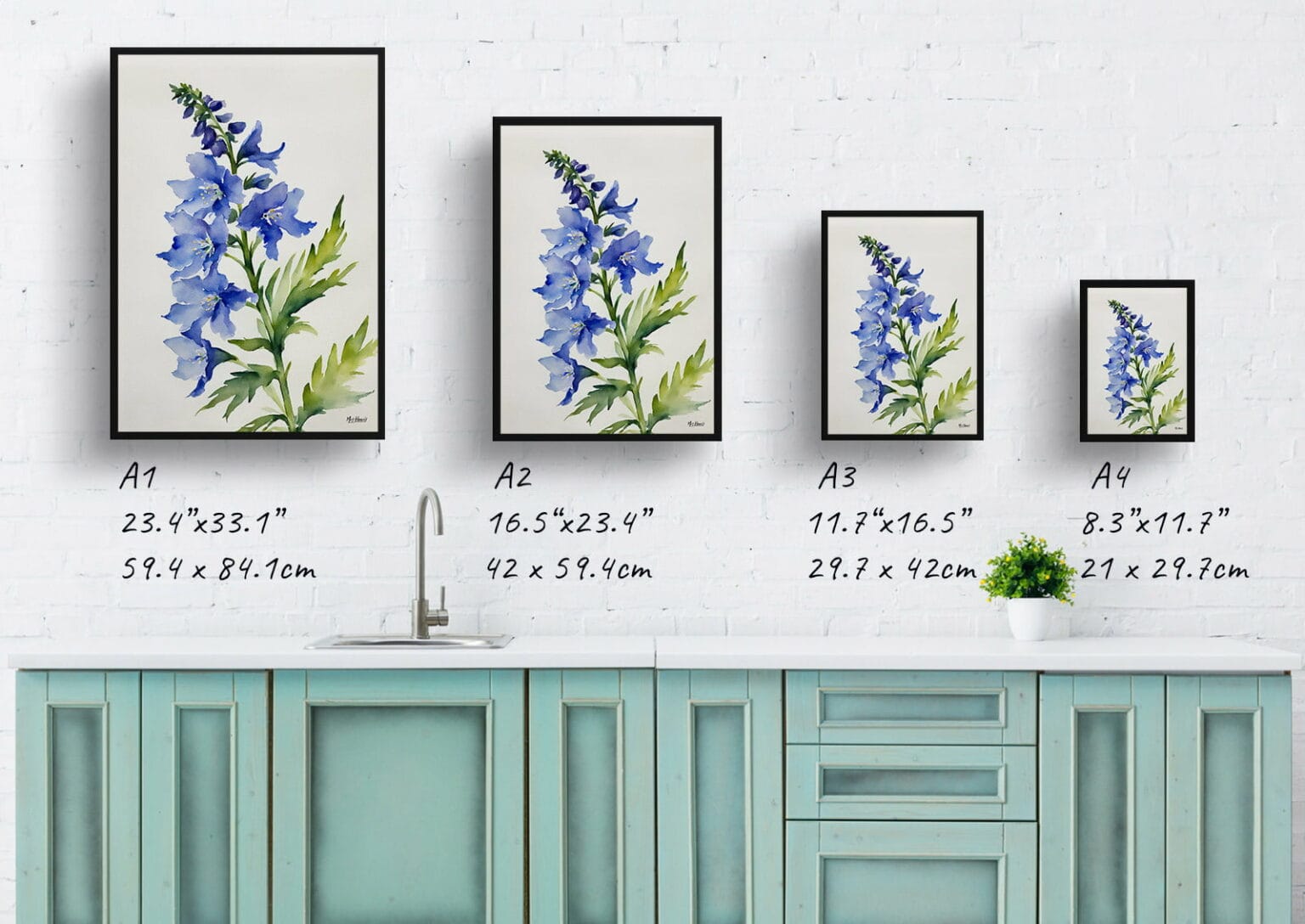 Delphinium Watercolour Botanical Art Print - Larkspur Minimalist Framed ...
