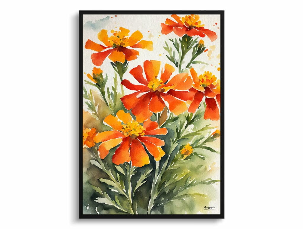African Marigold Watercolour Botanical Art Print - Tagetes Cinnabar ...
