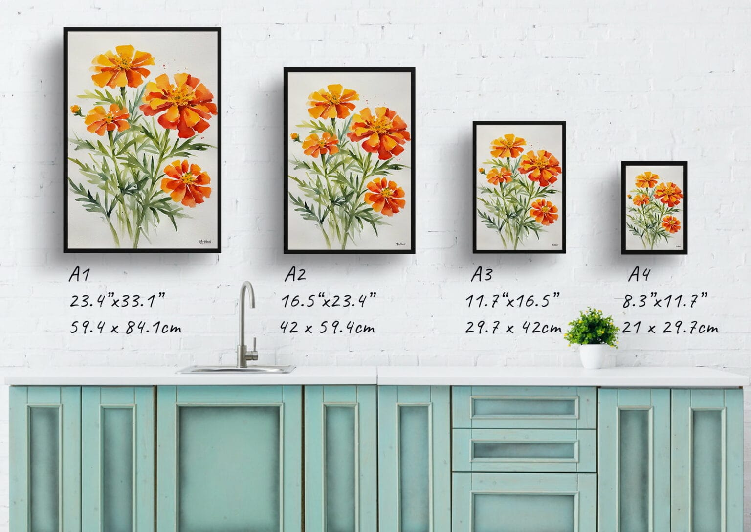 African Marigold Watercolour Botanical Art Print - Tagetes Cinnabar ...