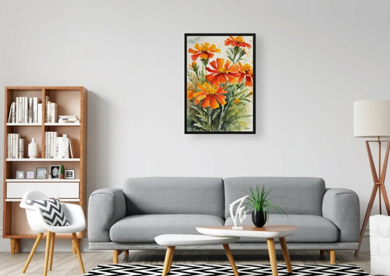 African Marigold Watercolour Botanical Art Print - Tagetes Cinnabar ...